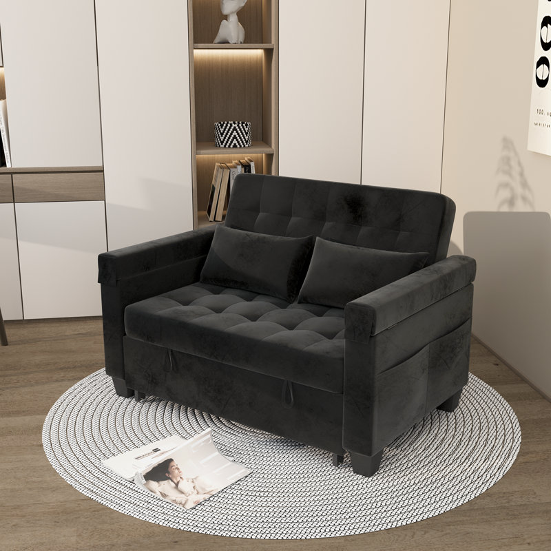 Everly Quinn 38 Inches Wide Convertible Sofa Bed, 2-Seater Velvet Loveseat Sofa With Small Side ...